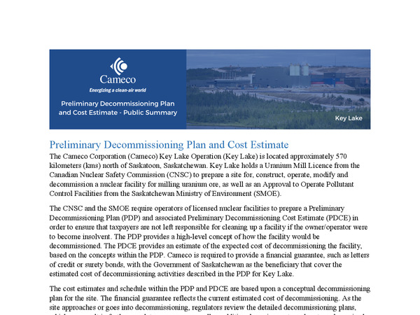 Preliminary Decommissioning Plan - Summary - Key Lake Operation ...